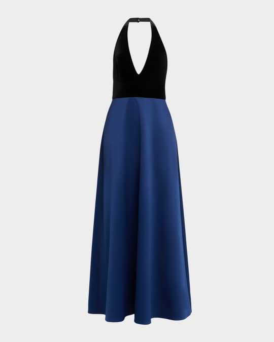 Aidan Mattox Backless Deep V-Neck Halter Gown | Neiman Marcus
