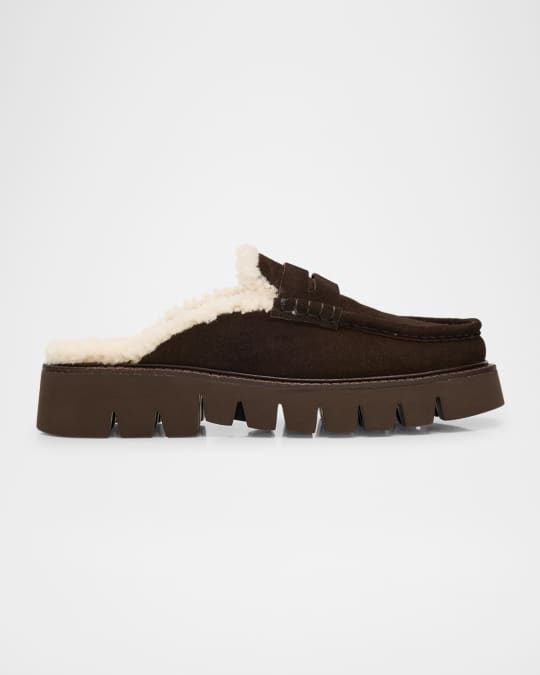 Pedro Garcia Savy Shearling-Lined Suede Loafer Mules | Neiman Marcus