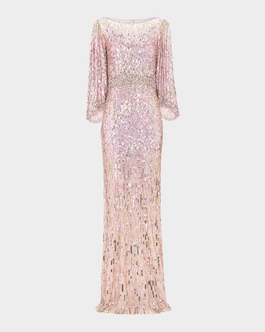Jenny Packham Ines Crystal Sequined Flare-Sleeve Gown | Neiman Marcus
