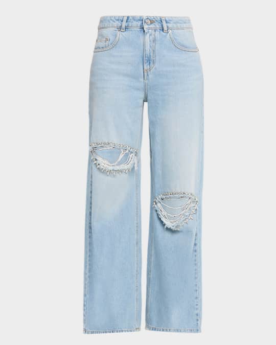 AREA Crystal Distressed Slit Wide-Leg Jeans | Neiman Marcus