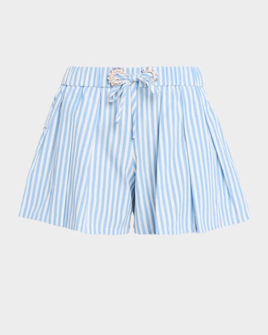 AREA Crystal Grommet Striped Poplin Pleated Shorts | Neiman Marcus