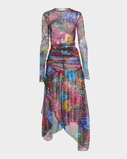 AREA Crystal-Necklace Long-Sleeve Tulle Midi Dress | Neiman Marcus