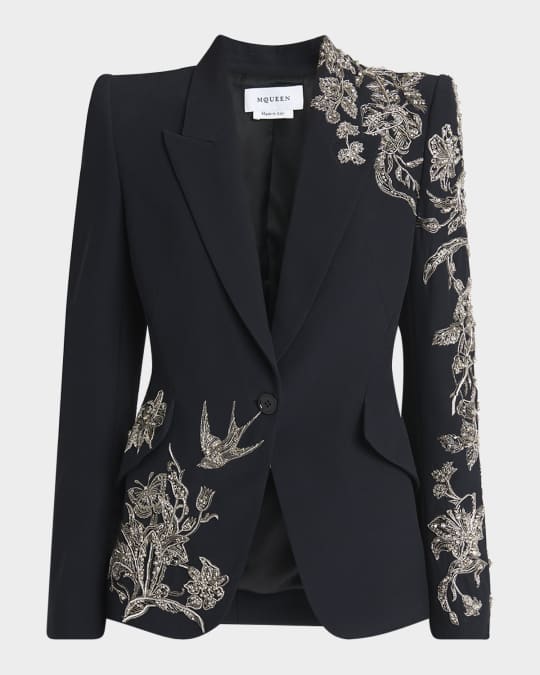 McQueen Crystal Embroidered Single-Breasted Blazer Jacket | Neiman Marcus