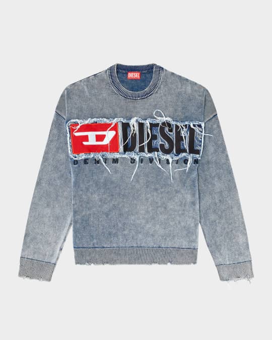 Diesel Men's K-Fronzi Frayed Denim Logo Crewneck Sweater | Neiman Marcus