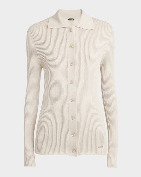 Kiton Metallic Ribbed Collared Cardigan | Neiman Marcus