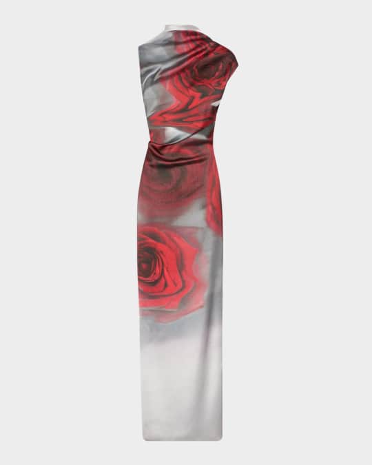 Jean Paul Gaultier Blurry Rose-Print Draped Satin Maxi Dress | Neiman ...