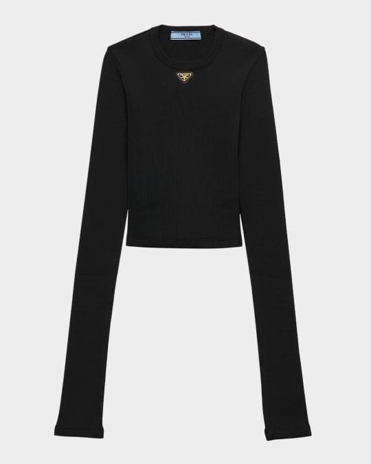 Prada Ribbed Knit Jersey Long-Sleeve Top | Neiman Marcus