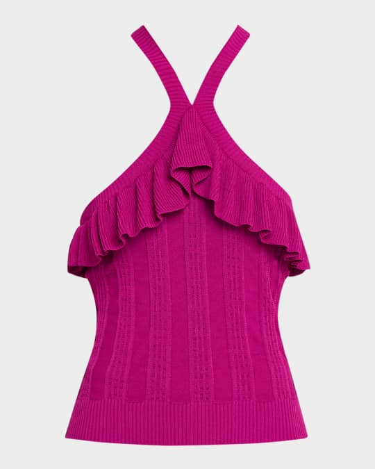 Marie Oliver Tricia Ruffle-Trim Rib Knit Halter Top | Neiman Marcus