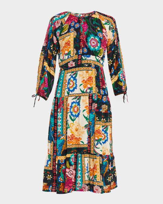 Johnny Was Brona Tiered Floral-Print Silk Midi Dress | Neiman Marcus