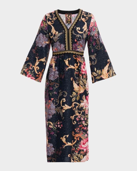 Johnny Was Shimmering Floral-Print Midi Dress | Neiman Marcus