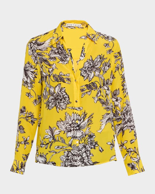 ALICE + OLIVIA Eloise Blooming Wild Golden Button-Front Silk Blouse ...