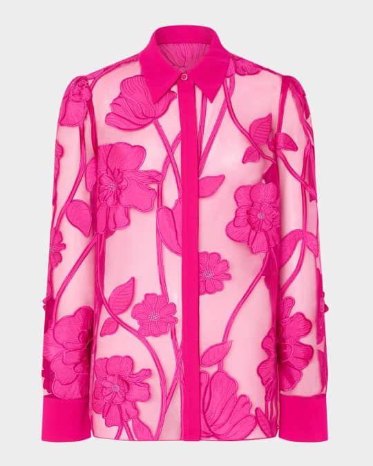 Milly Ashton Sheer Floral-Embroidered Blouse | Neiman Marcus
