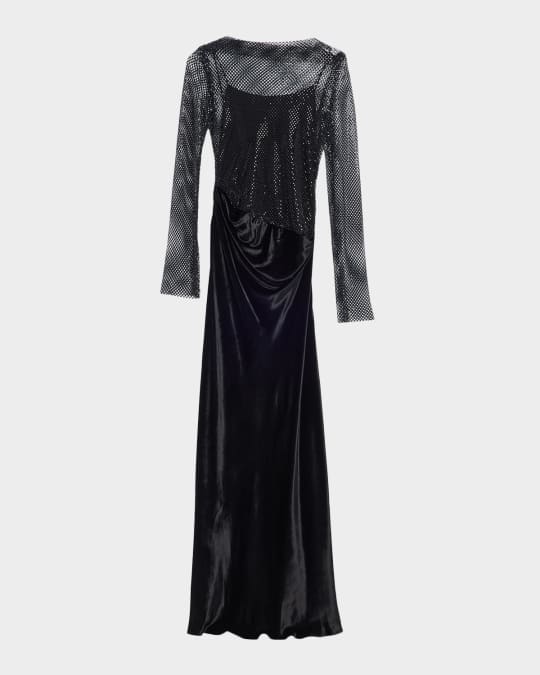 Alberta Ferretti Rhinestone Mesh Long-Sleeve Satin Maxi Dress | Neiman ...