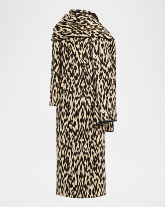 Brandon Maxwell Demi Ocelot-Print Double-Breasted Long Coat With Scarf ...
