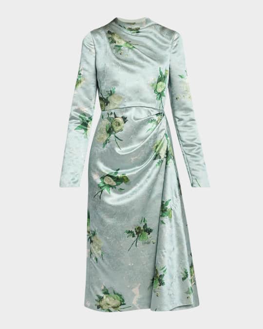 Erdem Draped Crinkle Silk Long-Sleeve Dress | Neiman Marcus