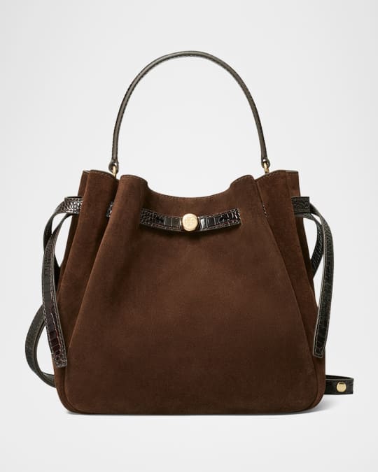 Tory Burch Romy Suede Belted Bucket Bag | Neiman Marcus