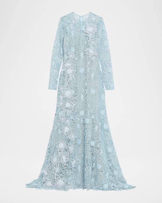 Oscar de la Renta Long-Sleeve Corded Botanical Guipure Gown | Neiman Marcus