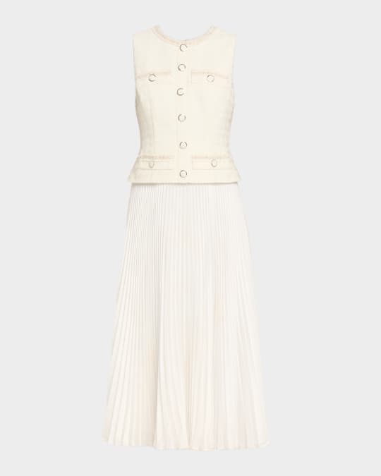 Milly Pleated Boucle Mixed Media Midi Dress | Neiman Marcus