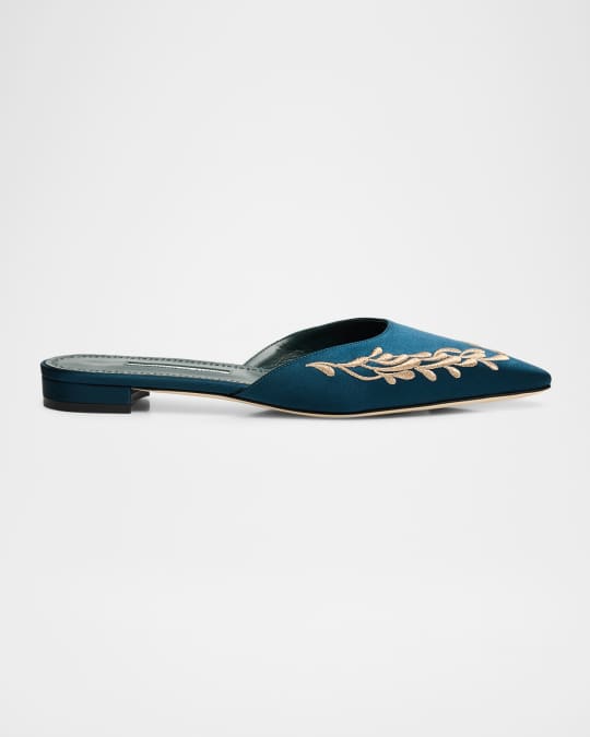 Manolo Blahnik 10mm Fontaza Embroidered Satin Flat Mules | Neiman Marcus