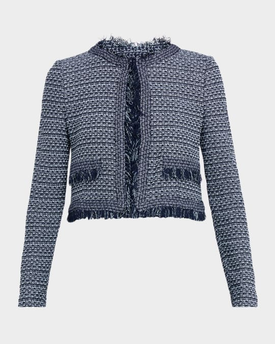 Misook x Lani Lynn Fringe-Trim Cropped Tweed Jacket | Neiman Marcus