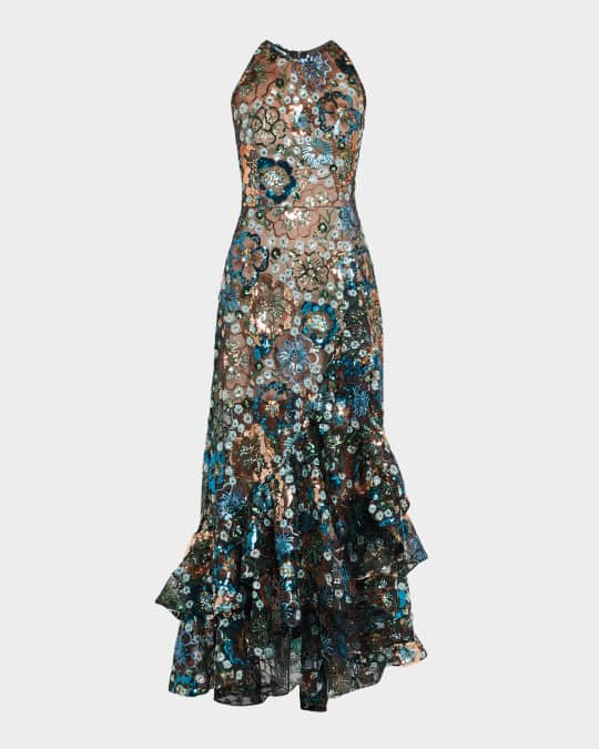 Bronx and Banco Sicilia Sequin Floral High-Low Ruffle Gown | Neiman Marcus