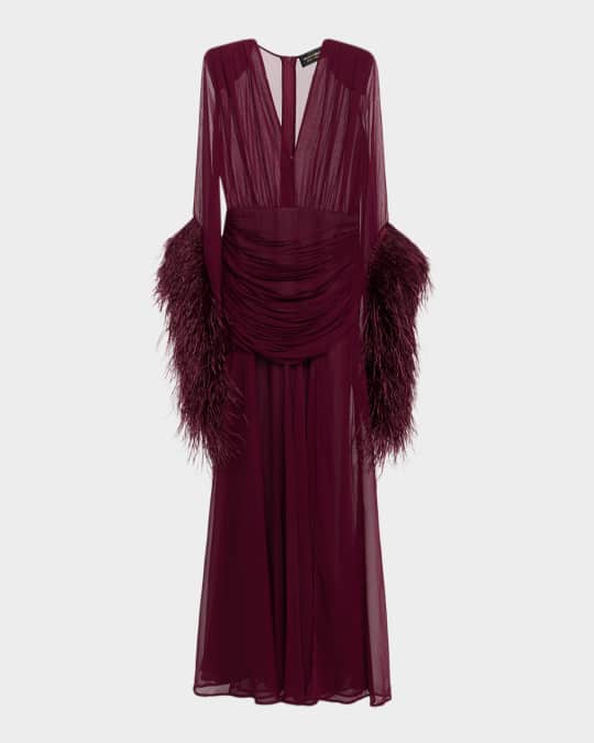 Bronx and Banco Geisha Feather-Cuff Silk-Blend Gown | Neiman Marcus