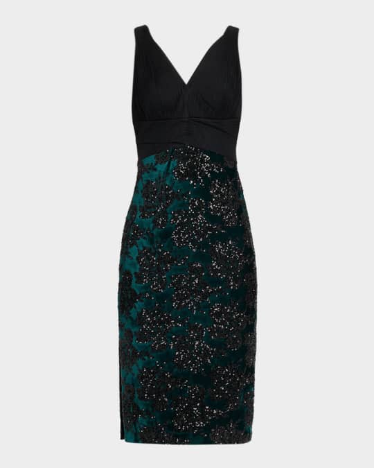 Aidan Mattox Pleated Sequin Velvet Midi Dress | Neiman Marcus