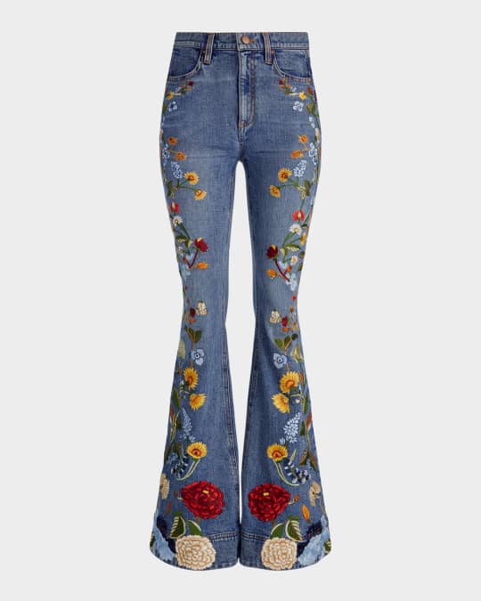 Alice + Olivia Beautiful Embroidered Bell Bottom Jeans | Neiman Marcus