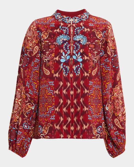 Figue Kit Paisley-Print Balloon-Sleeve Top | Neiman Marcus