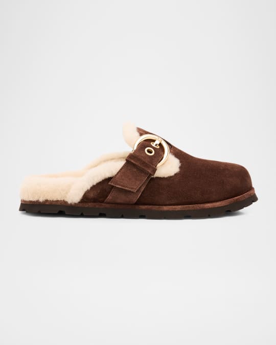 Stuart Weitzman Chrystie Shearling-Lined Suede Mules | Neiman Marcus