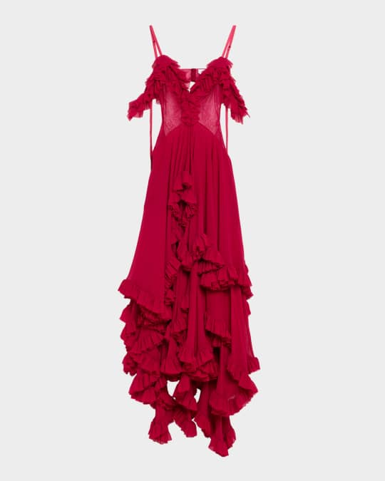 McQueen Lace-Inset Tiered Ruffle Chiffon Evening Dress | Neiman Marcus