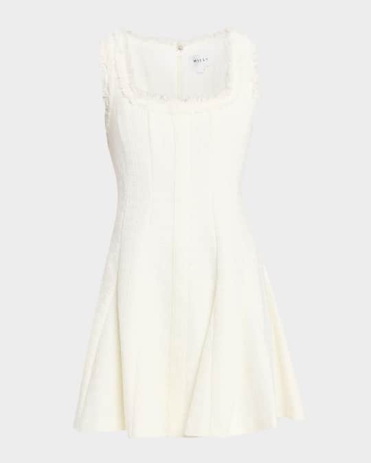 Milly Juniper Fringe-Trim Godet Boucle Mini Dress | Neiman Marcus
