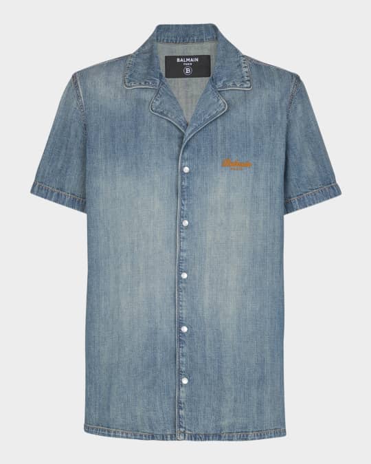 Balmain Men's Logo-Embroidered Faded Denim Short-Sleeve Shirt | Neiman ...