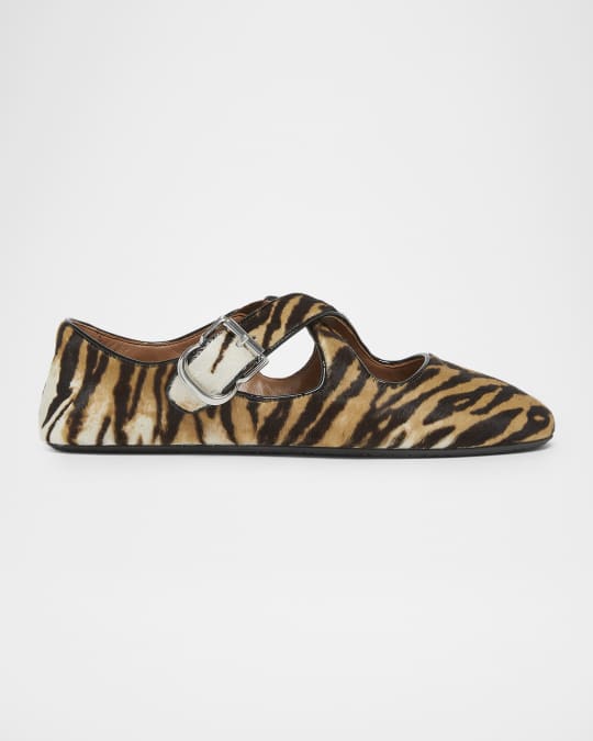 ALAIA Crisscross Tiger Calf Hair Ballerina Flats | Neiman Marcus