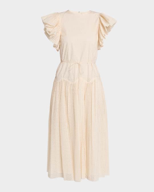 Ulla Johnson Sylvaine Flutter-Sleeve Lasercut Poplin Ankle Dress ...