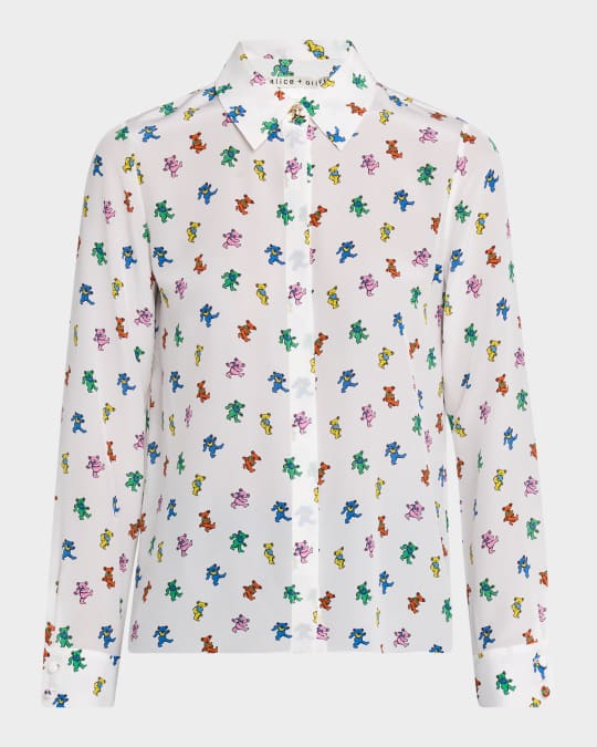 ALICE + OLIVIA Rainbow Bears Willa Placket Top | Neiman Marcus