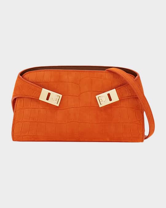 Ferragamo Hug Croc-Embossed Suede Clutch Bag | Neiman Marcus