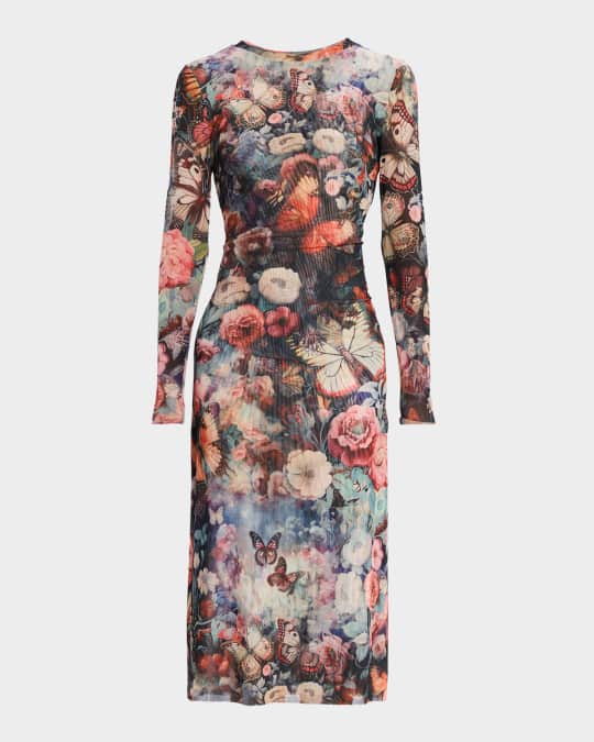 Johnny Was Floral & Butterfly-Print Mesh Midi Dress | Neiman Marcus