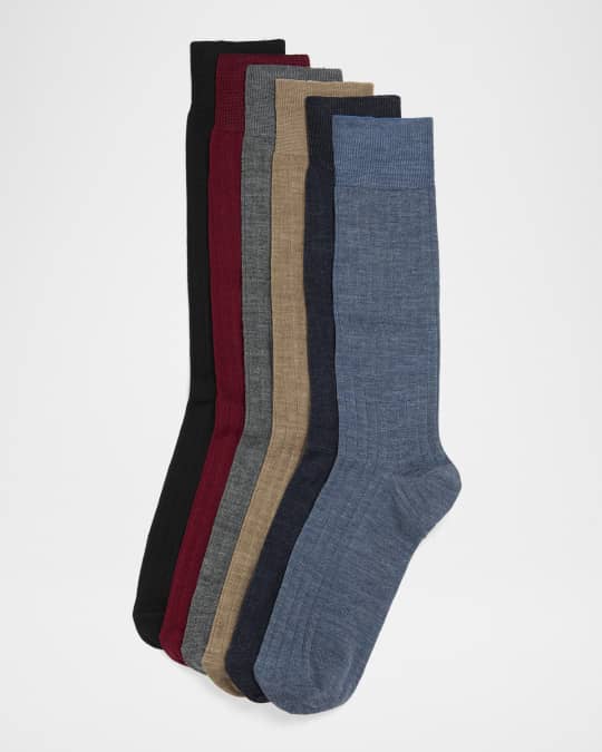 Neiman Marcus Men's Multicolor Merino Wool Rib 6-Pack Crew Socks, Boxed ...