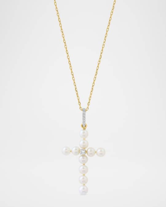 Neiman Marcus 18K Yellow Gold Diamond Pearl Cross Pendant Necklace ...