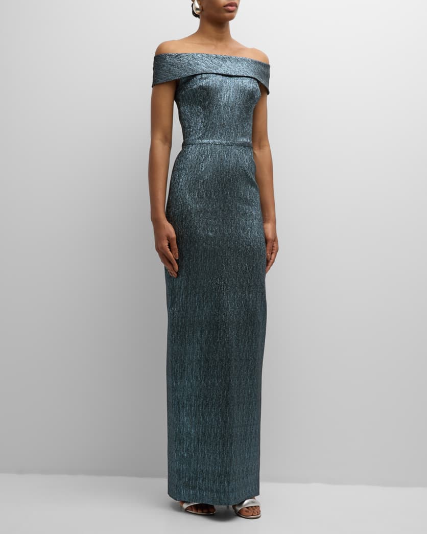 Rickie Freeman for Teri Jon Off-Shoulder Metallic Column Gown | Neiman ...