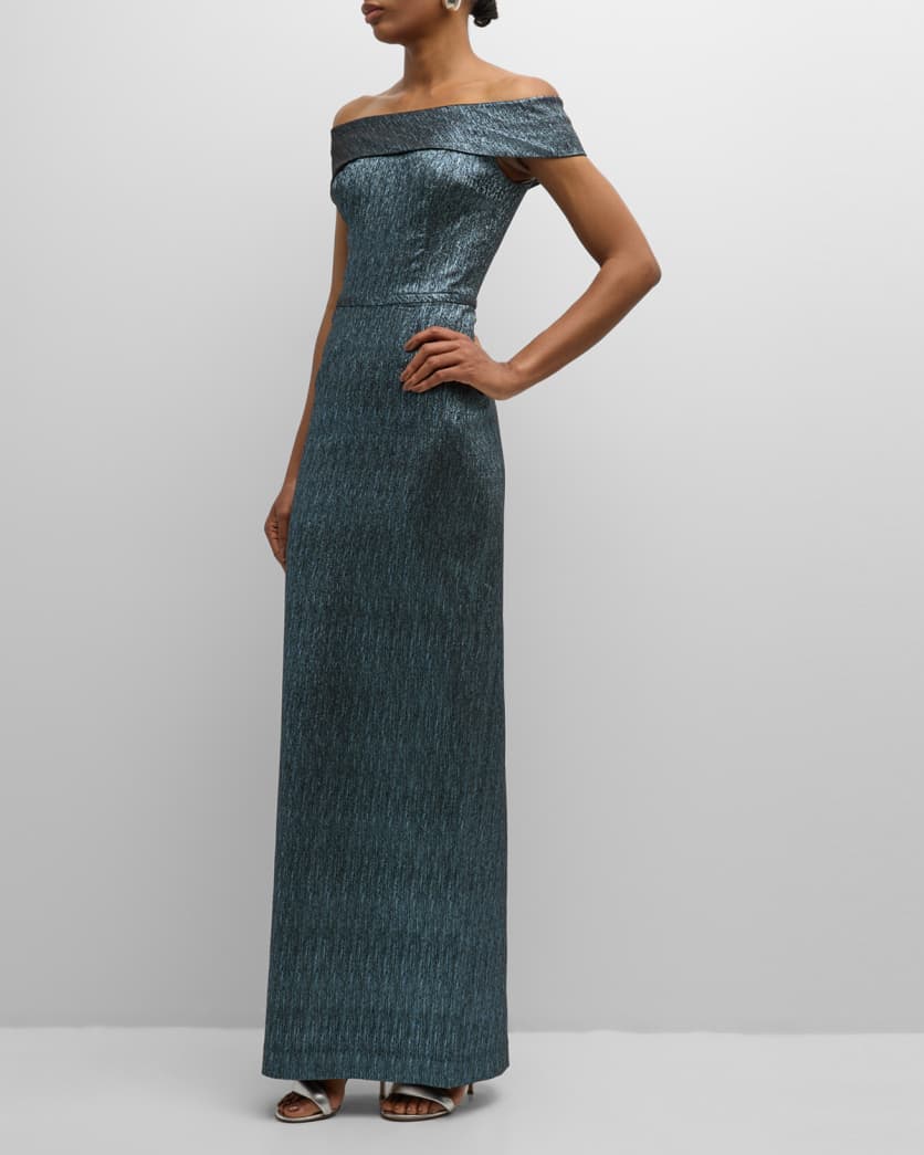 Rickie Freeman for Teri Jon Off-Shoulder Metallic Column Gown | Neiman ...