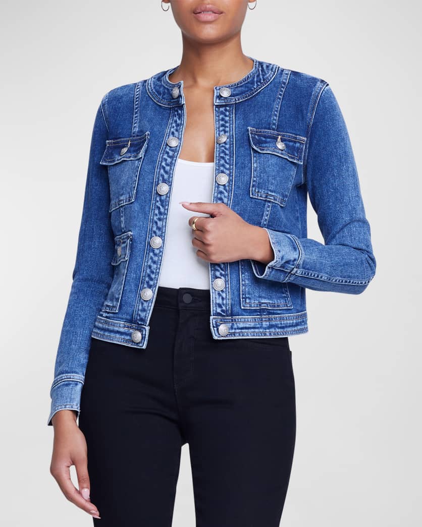 L'Agence Yari Faded Collarless Denim Jacket | Neiman Marcus