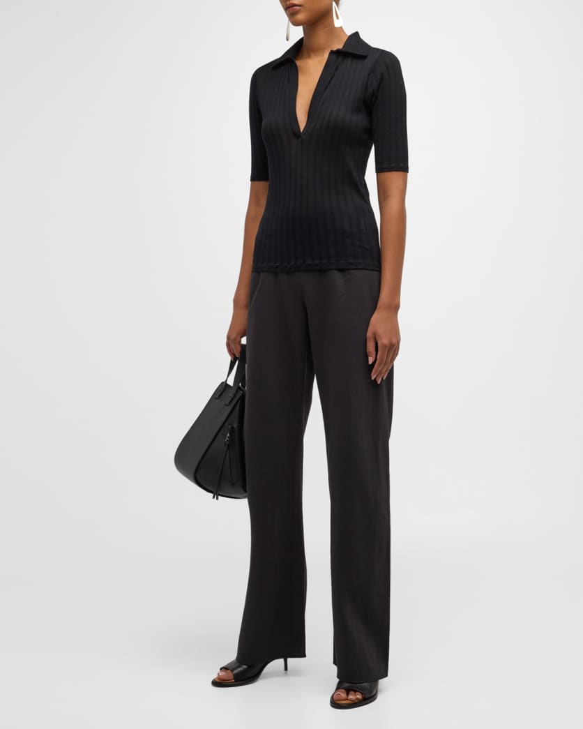 Vince Elbow-Sleeve Silk Rib Polo Shirt | Neiman Marcus