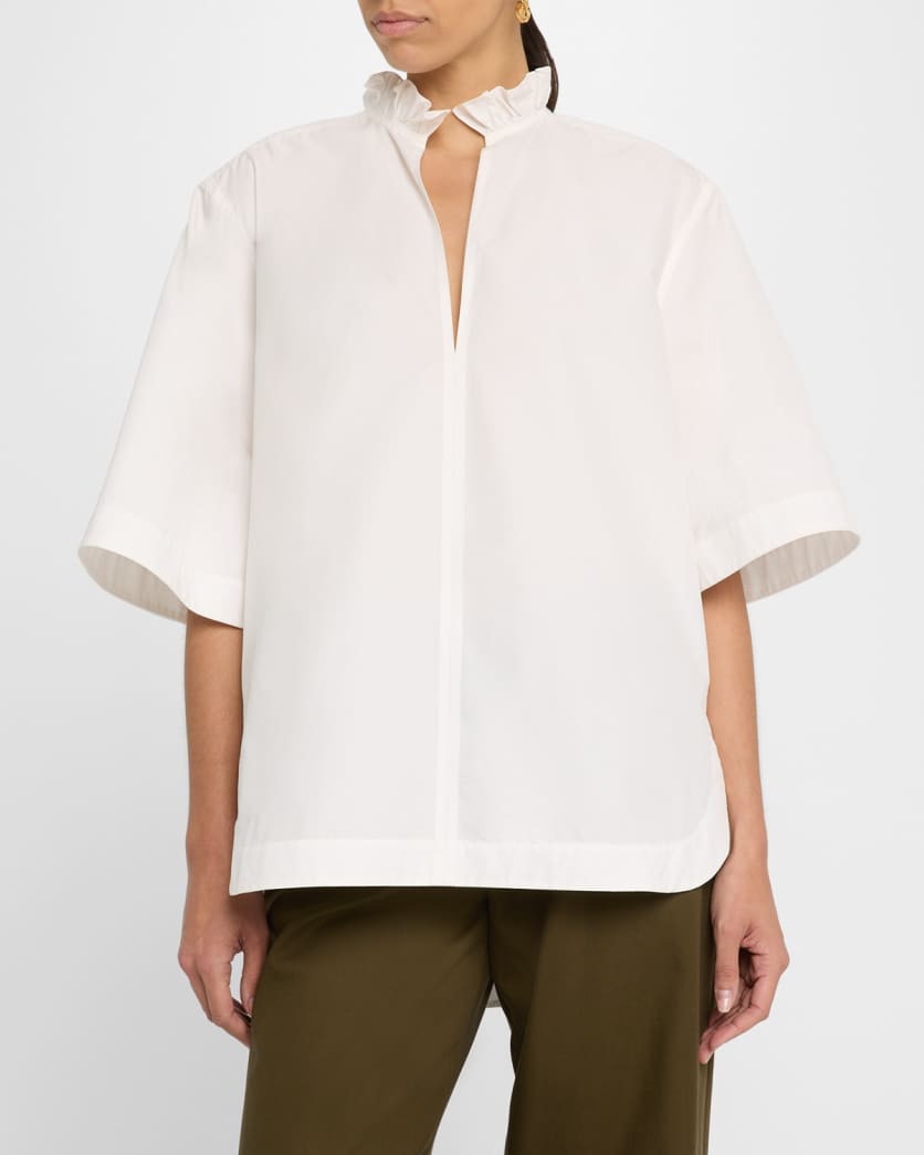 Brandon Maxwell Cecilia Ruffle-Collar Short-Sleeve Shirt | Neiman Marcus