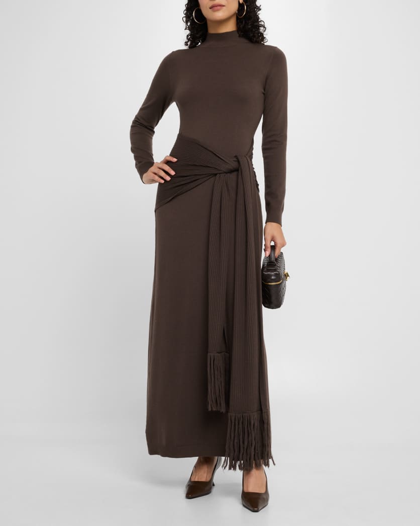 Lela Rose Mock-Neck Long-Sleeve Wrap-Sash Midi Dress | Neiman Marcus