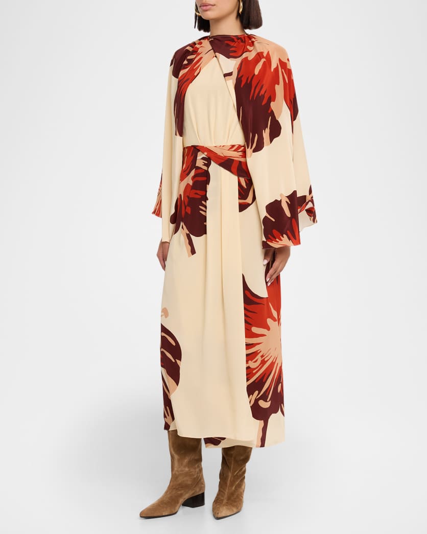 Johanna Ortiz Odyssey Floral Silk Draped Long-Sleeve Ankle Dress ...