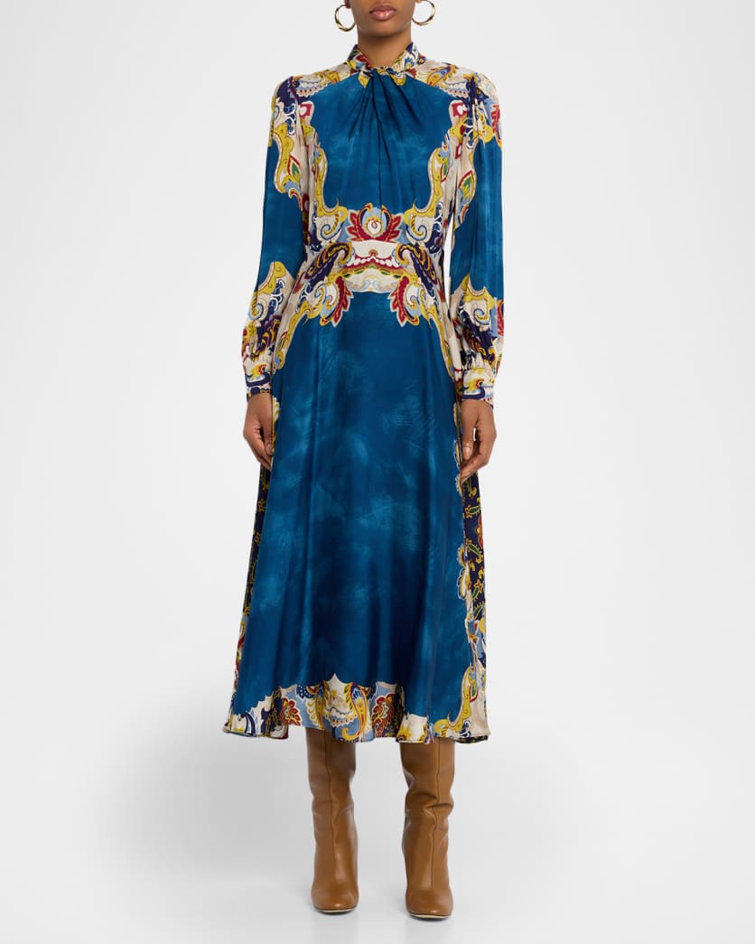 Elie Tahari The Raquel Printed Twist-Neck Midi Dress | Neiman Marcus