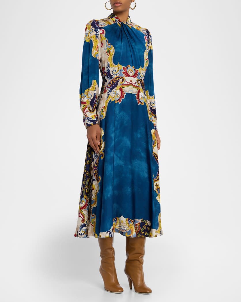 Elie Tahari The Raquel Printed Twist-Neck Midi Dress | Neiman Marcus