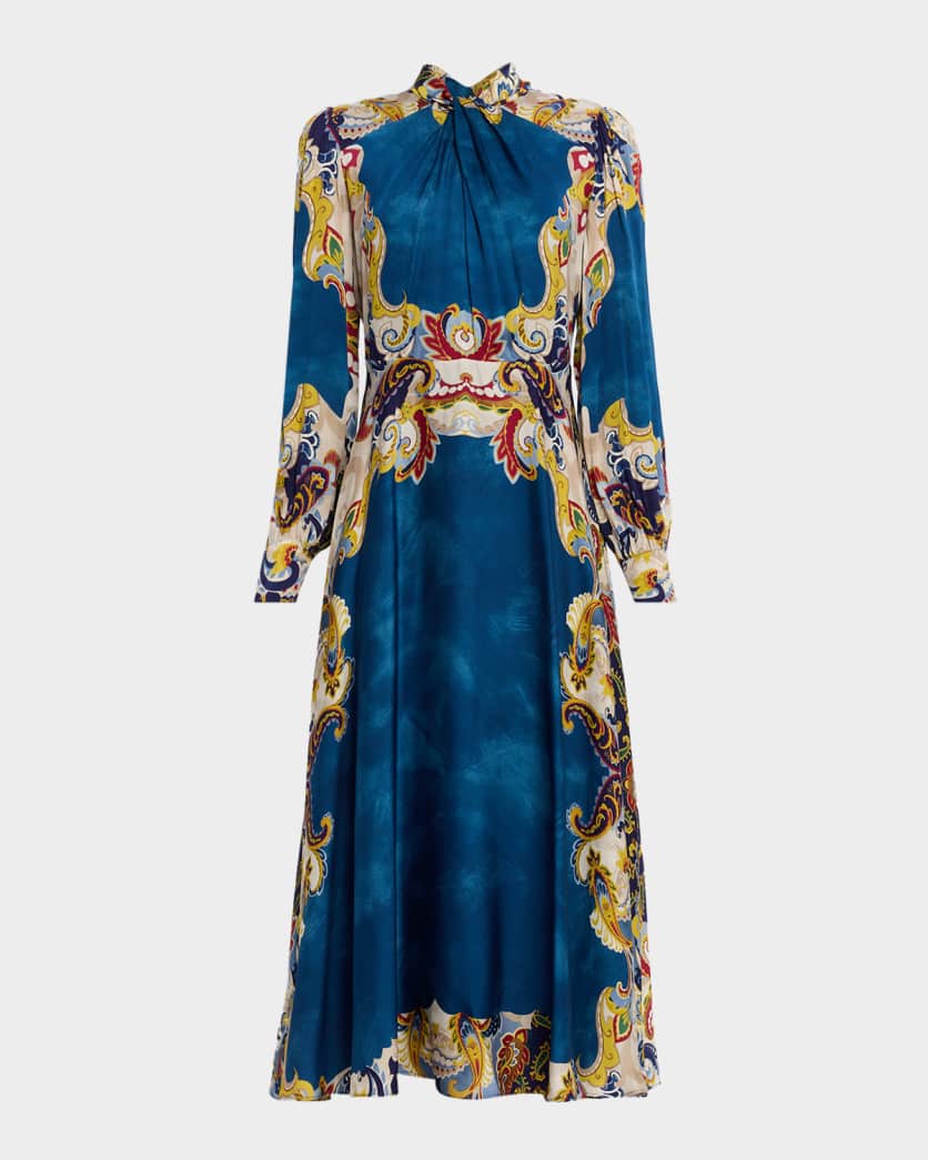 Elie Tahari The Raquel Printed Twist-Neck Midi Dress | Neiman Marcus